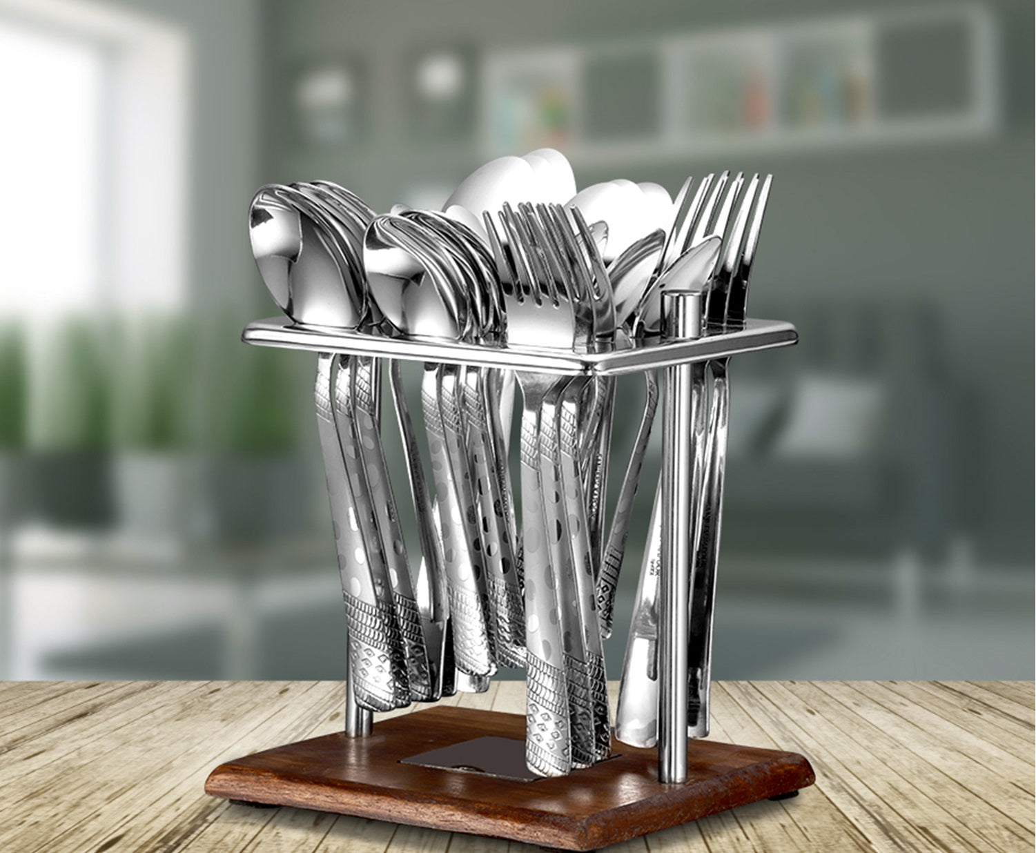 Cutlery Set with Wooden Stand Square - 25pcs – Porcelain & More