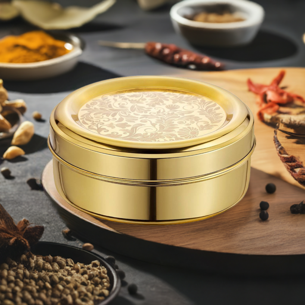 SS Gold Finish Masala Box Large – Porcelain & More